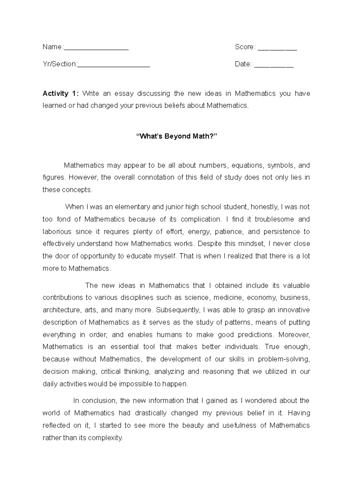 Essay (Activity 1 Q3) - Name: Score: __________ Yr/Section: Date ...