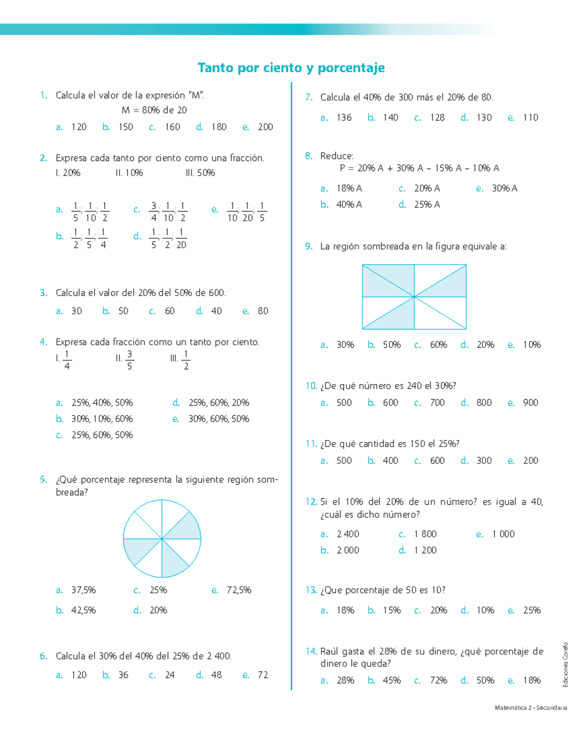 Ficha - ejercicios de matemática - Ediciones Corefo Matemática 2 - Secundaria Tanto por ciento y ...