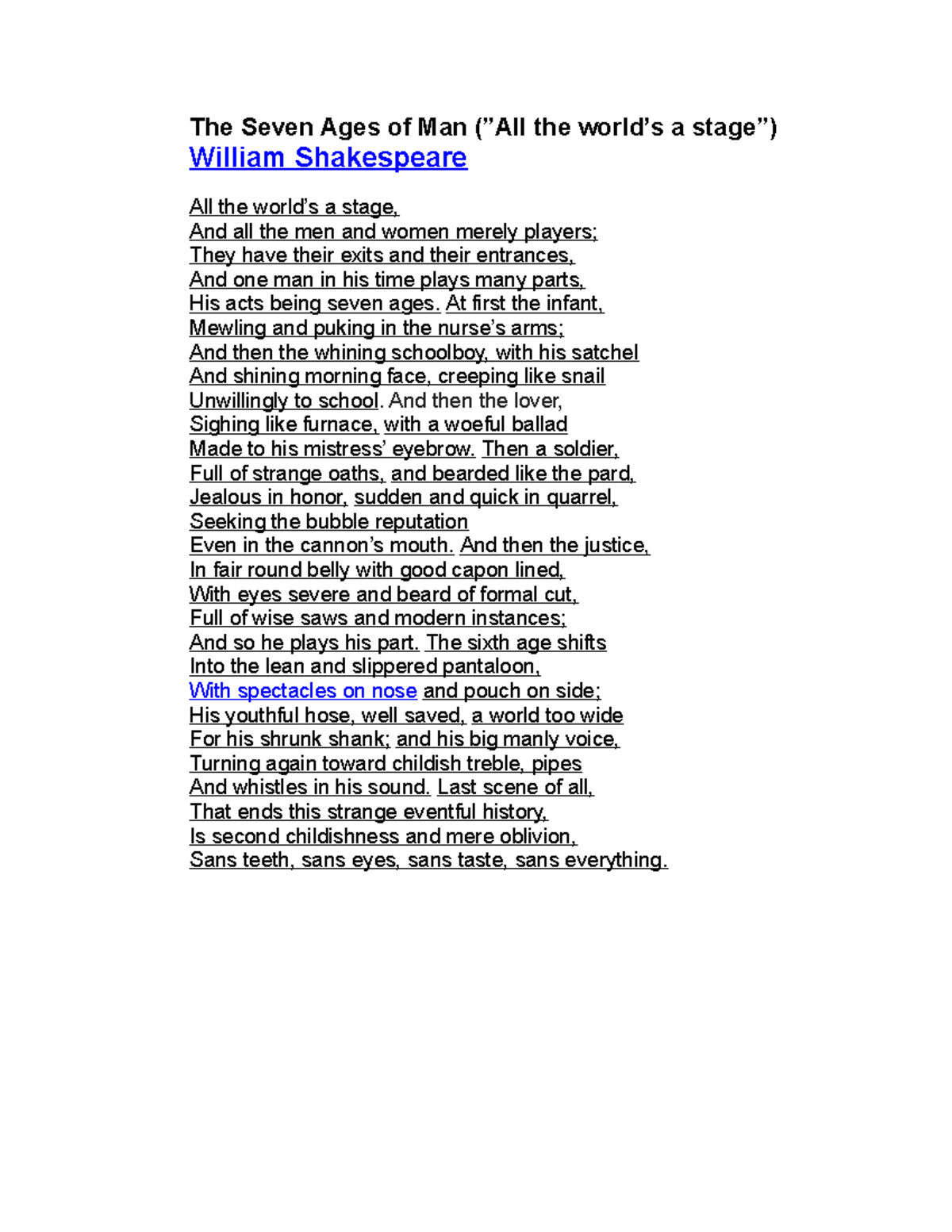 Seven AGES OF MAN - handout in English - The Seven Ages of Man (”All ...