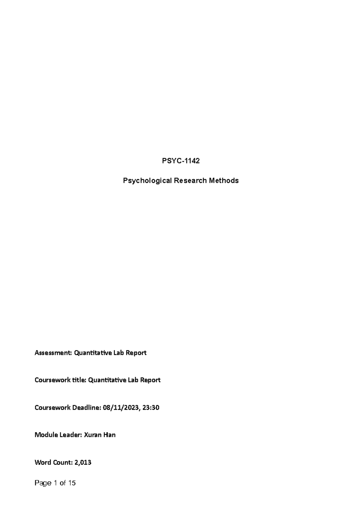PSYC1142 Qantitative Lab Report - PSYC- Psychological Research Methods ...
