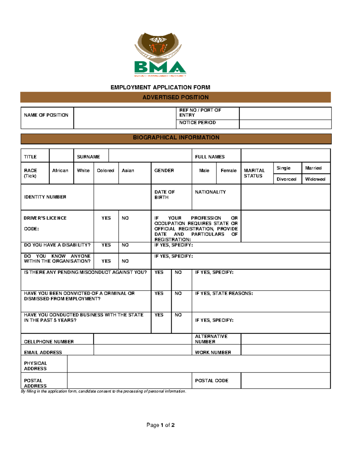 Application Form for Employment 2 1 - Page 1 of 2 EMPLOYMENT ...