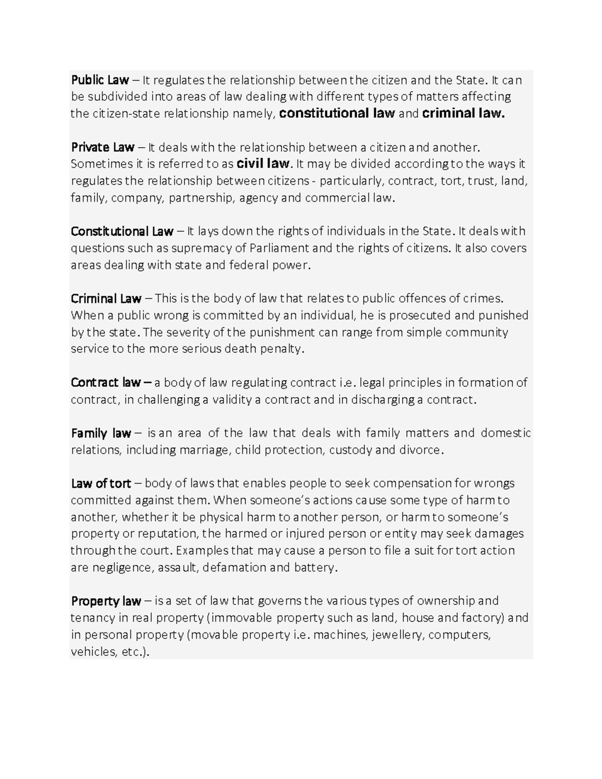 Extra Notes - Public Law – It regulates the relationship between the ...