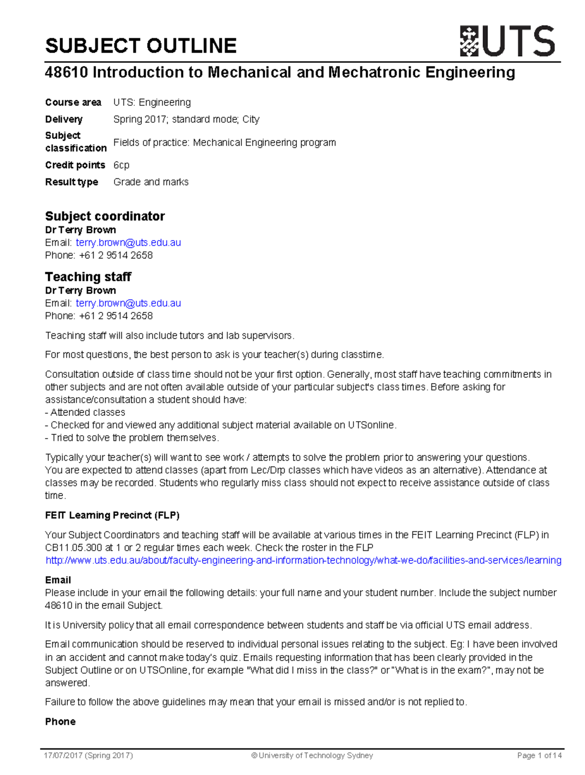 48610 UTS Spring 2017 Subject Outline - SUBJECT OUTLINE 48610 ...