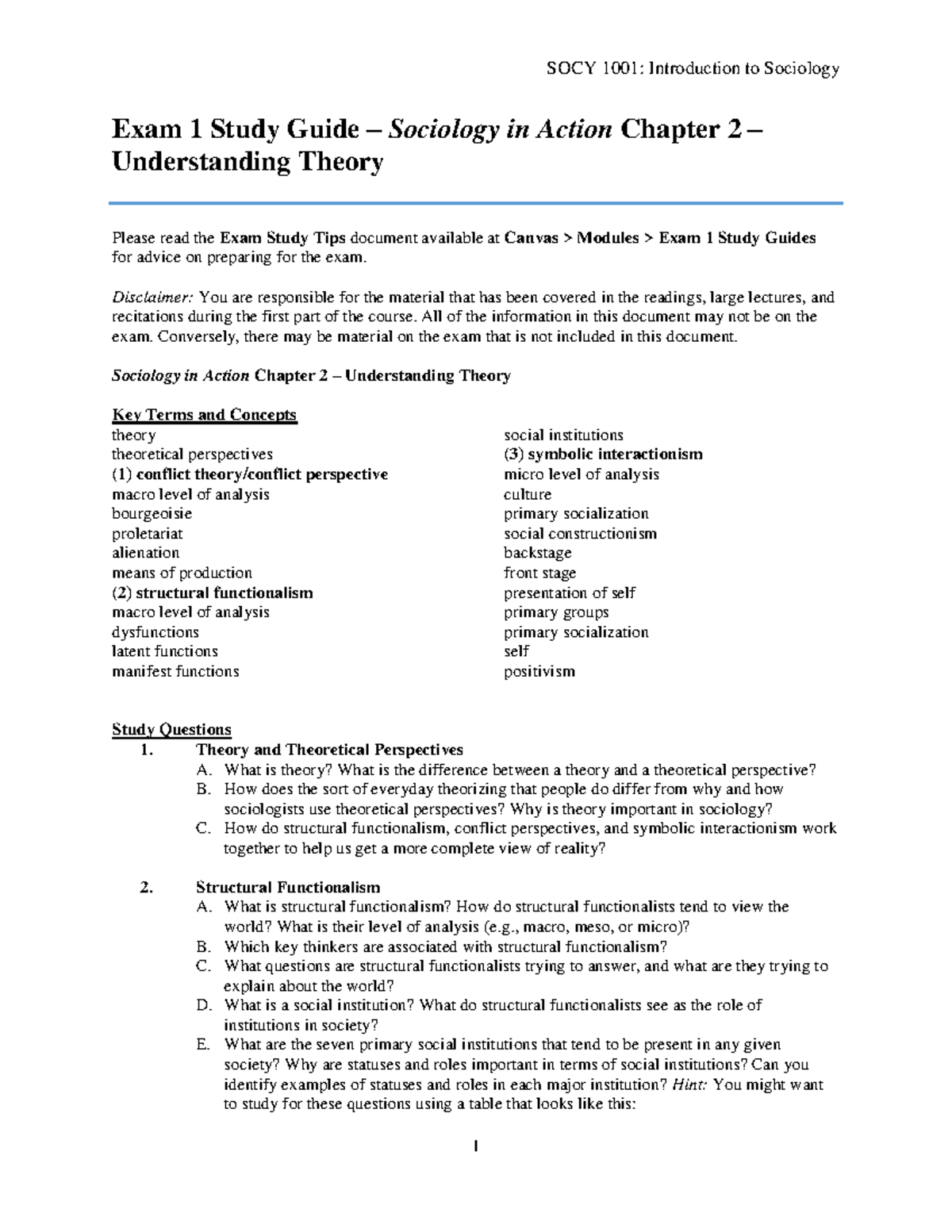 Exam1 Study Guide chap2 - SOCY 1001: Introduction to Sociology 1 Exam 1 ...