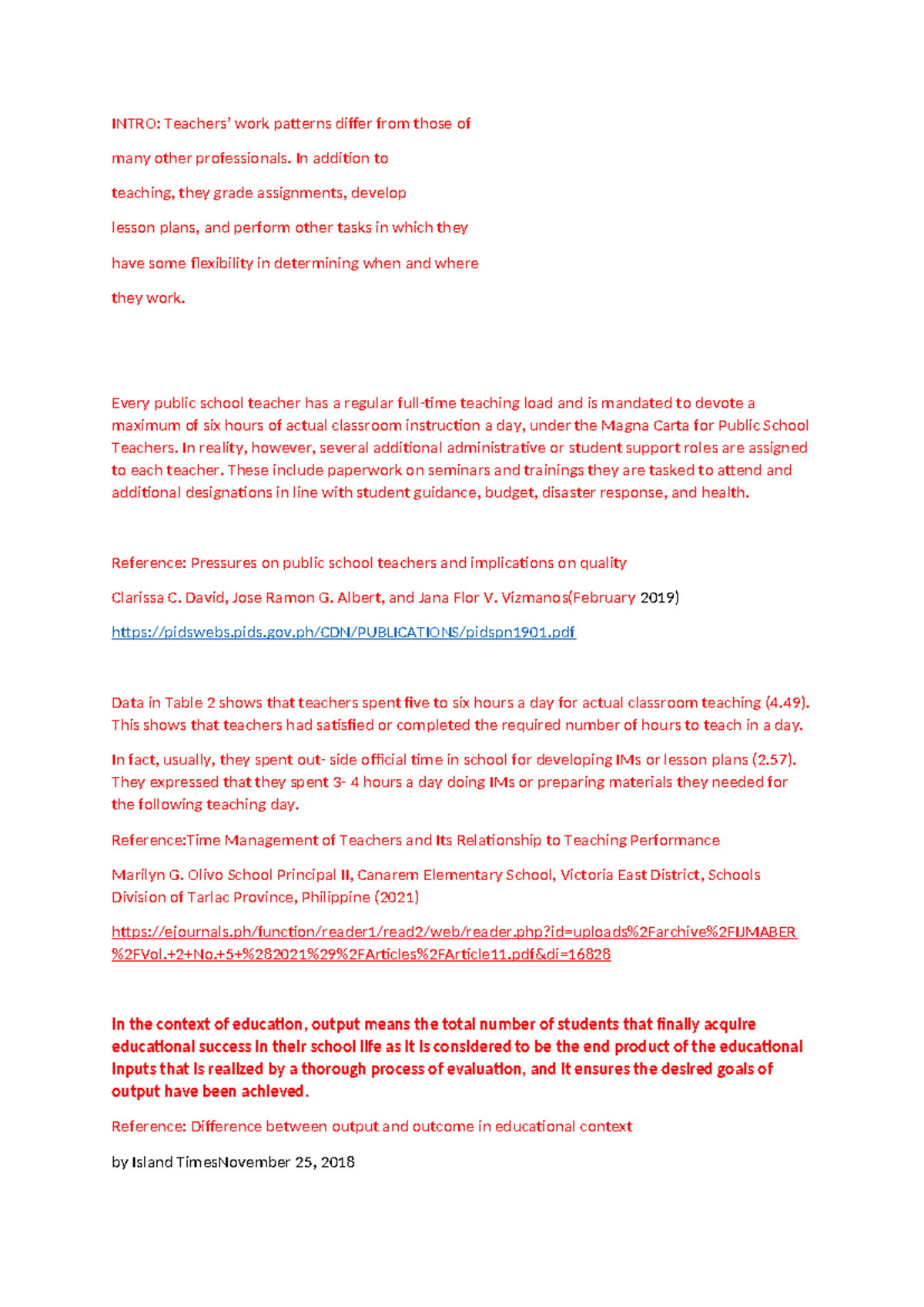 RRL - time use analysis on teaching actual time and time to check ...