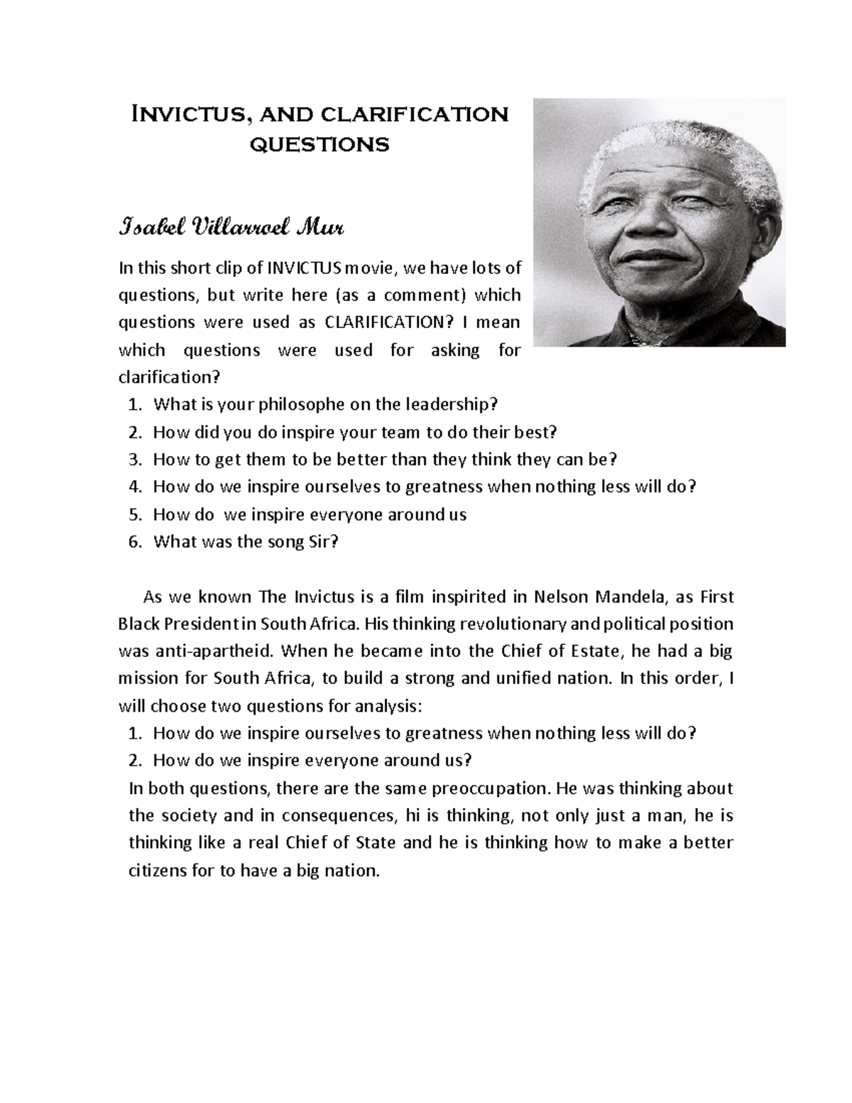 Invictus - Apuntes 10 - Invictus, and clarification questions Isabel ...