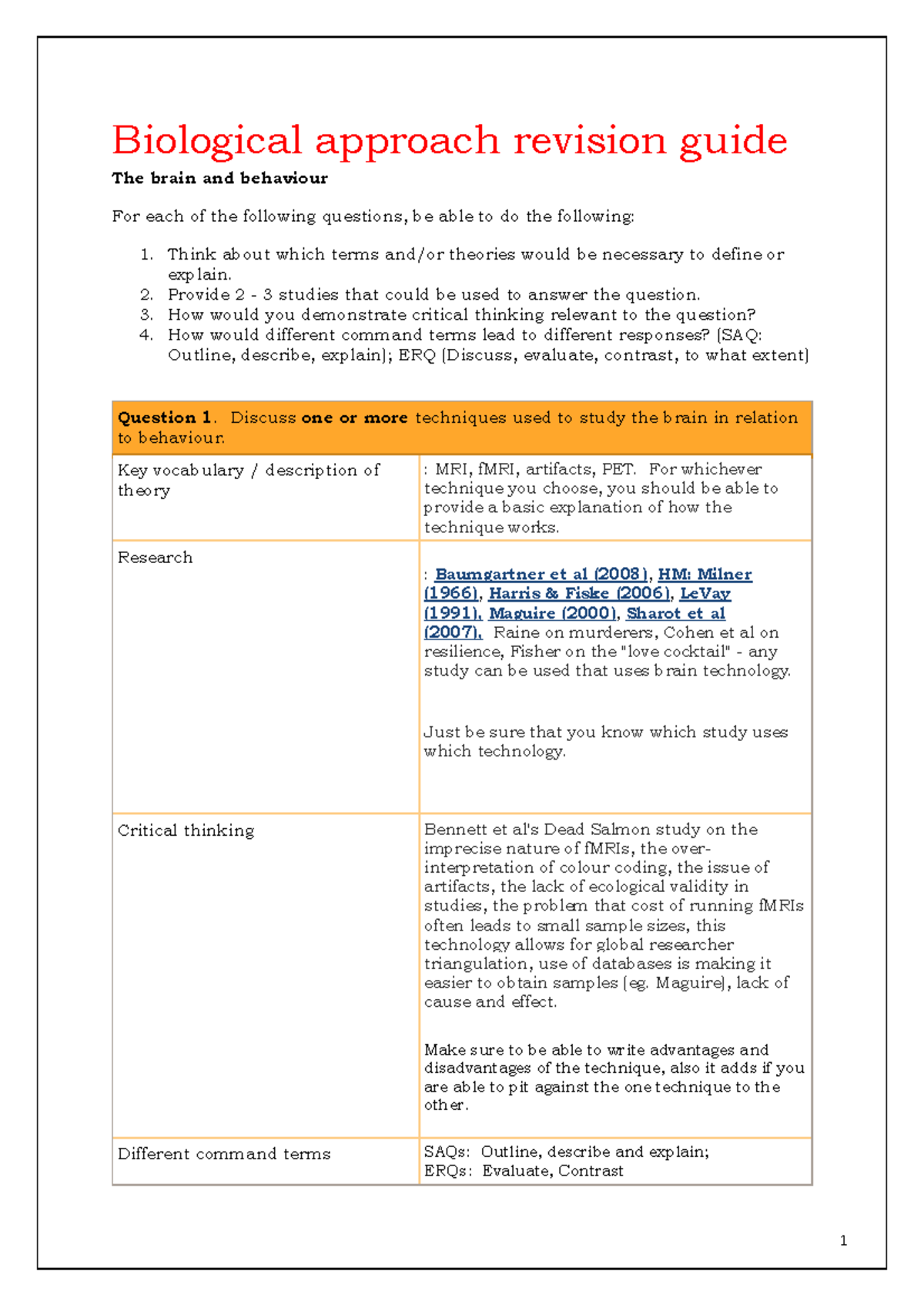 Biological approach revision guide - Think about which terms and/or ...