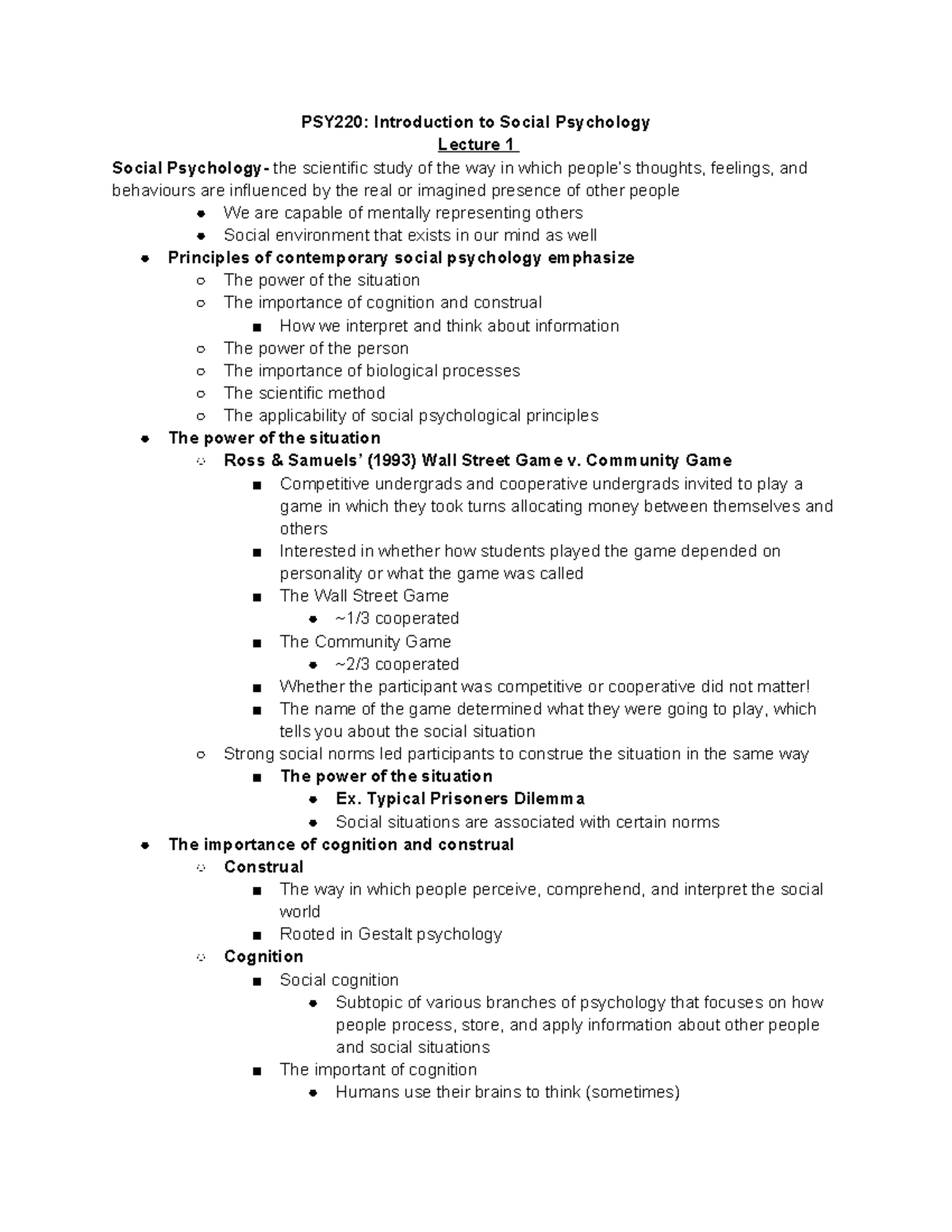 PSY220 Lecture Notes - PSY220: Introduction to Social Psychology ...