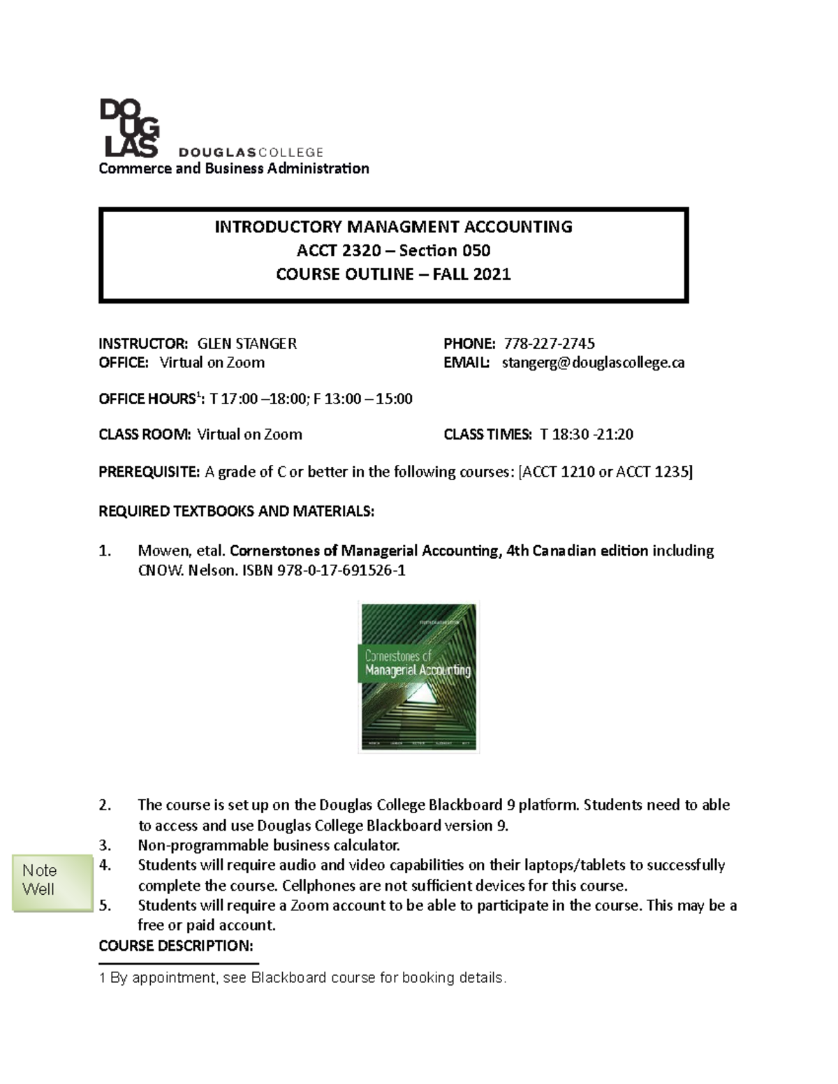 ACCT 2320 Course Outline 2021 Fall Sec 050 Cornerstones(5) - Commerce ...