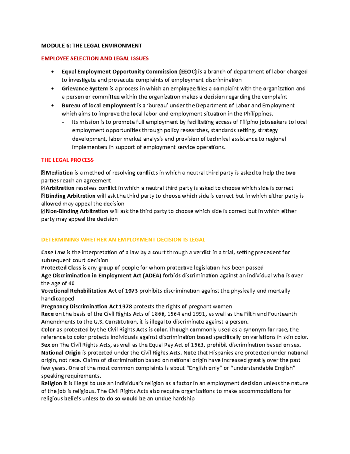 Strat Module 6 - MODULE 6: THE LEGAL ENVIRONMENT EMPLOYEE SELECTION AND ...