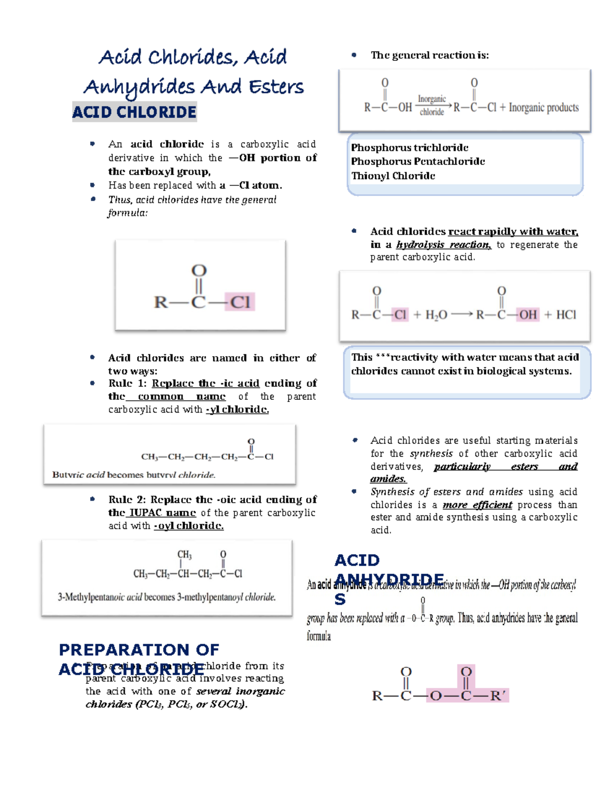 ACID Chloride Inorganic Chemistry Part 26 Summary - ACID CHLORIDE An ...