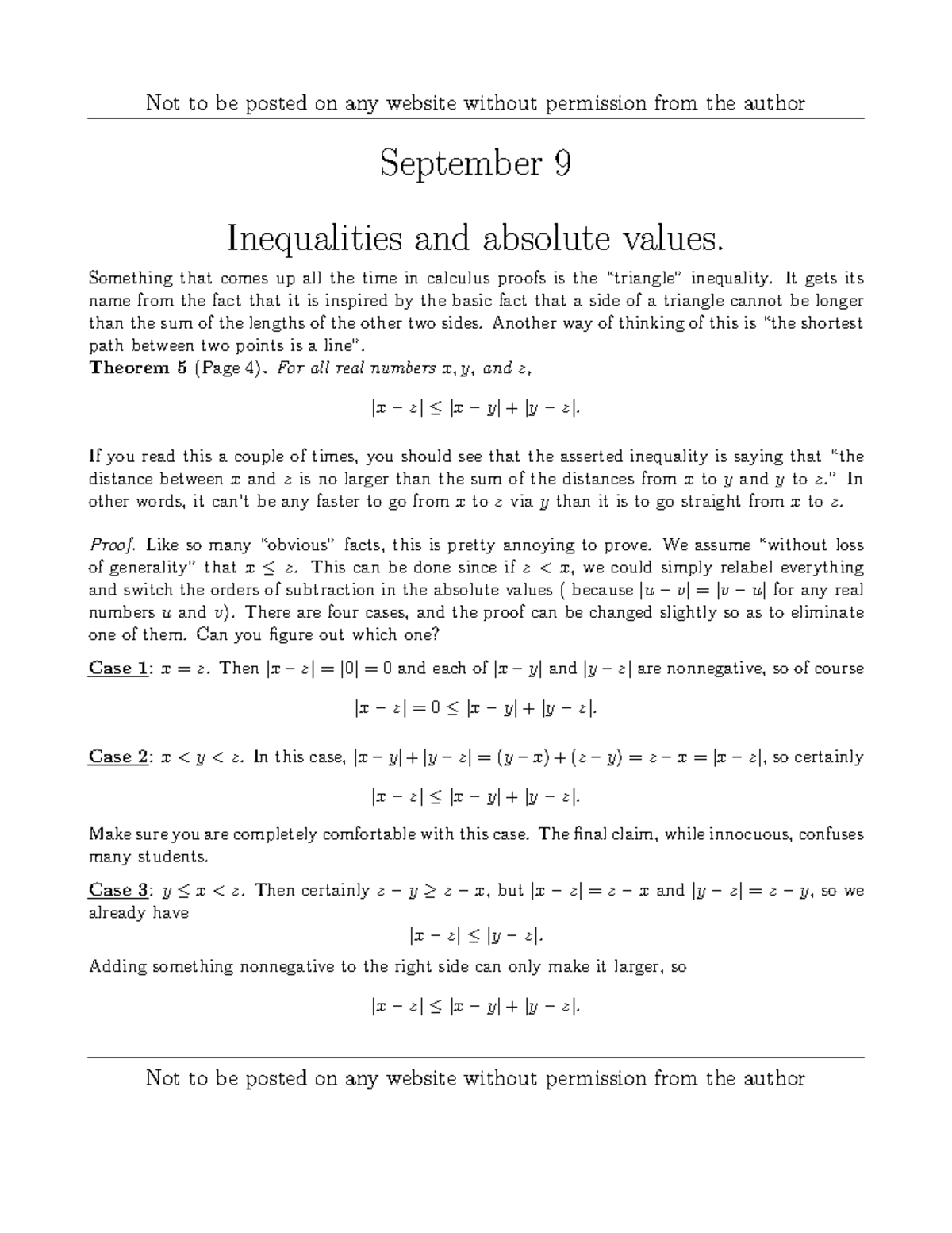 Lecture 2 - September 9 Inequalities and absolute values. Something that comes up all the time ...