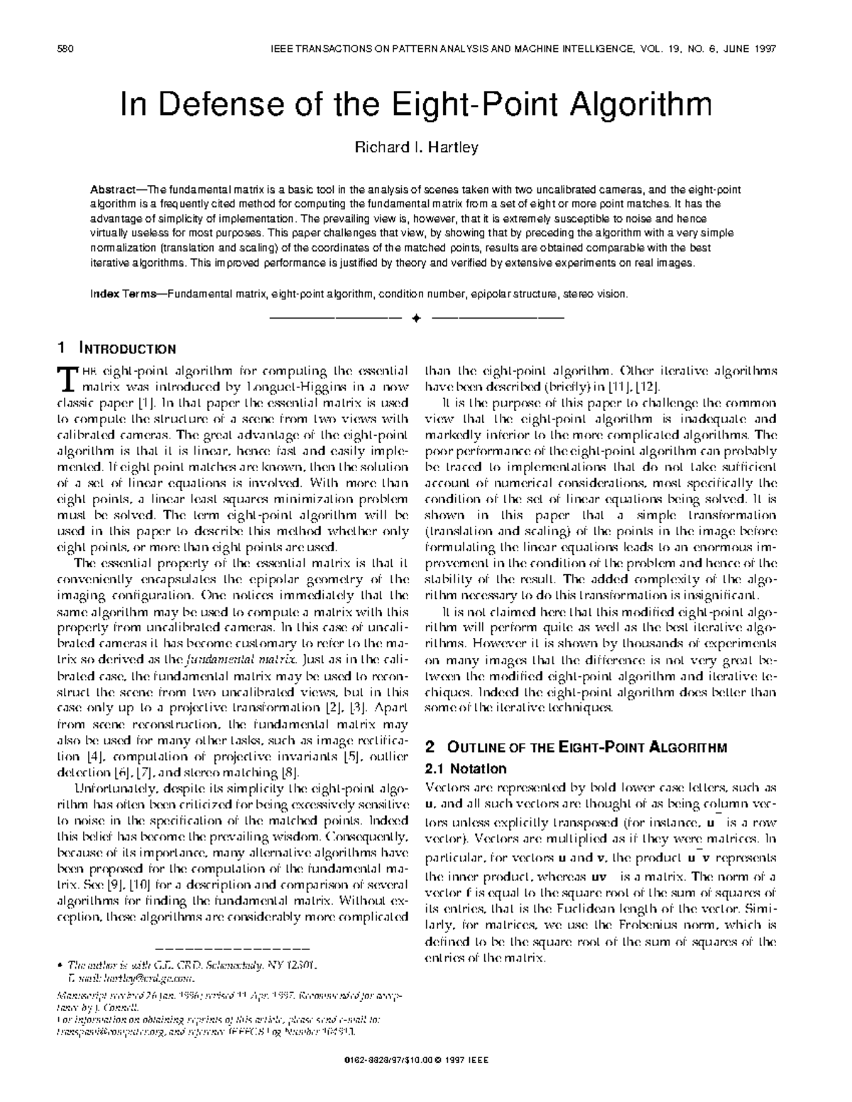 In Defense of the Eight-Point Algorithm - 580 IEEE TRANSACTIONS ON ...