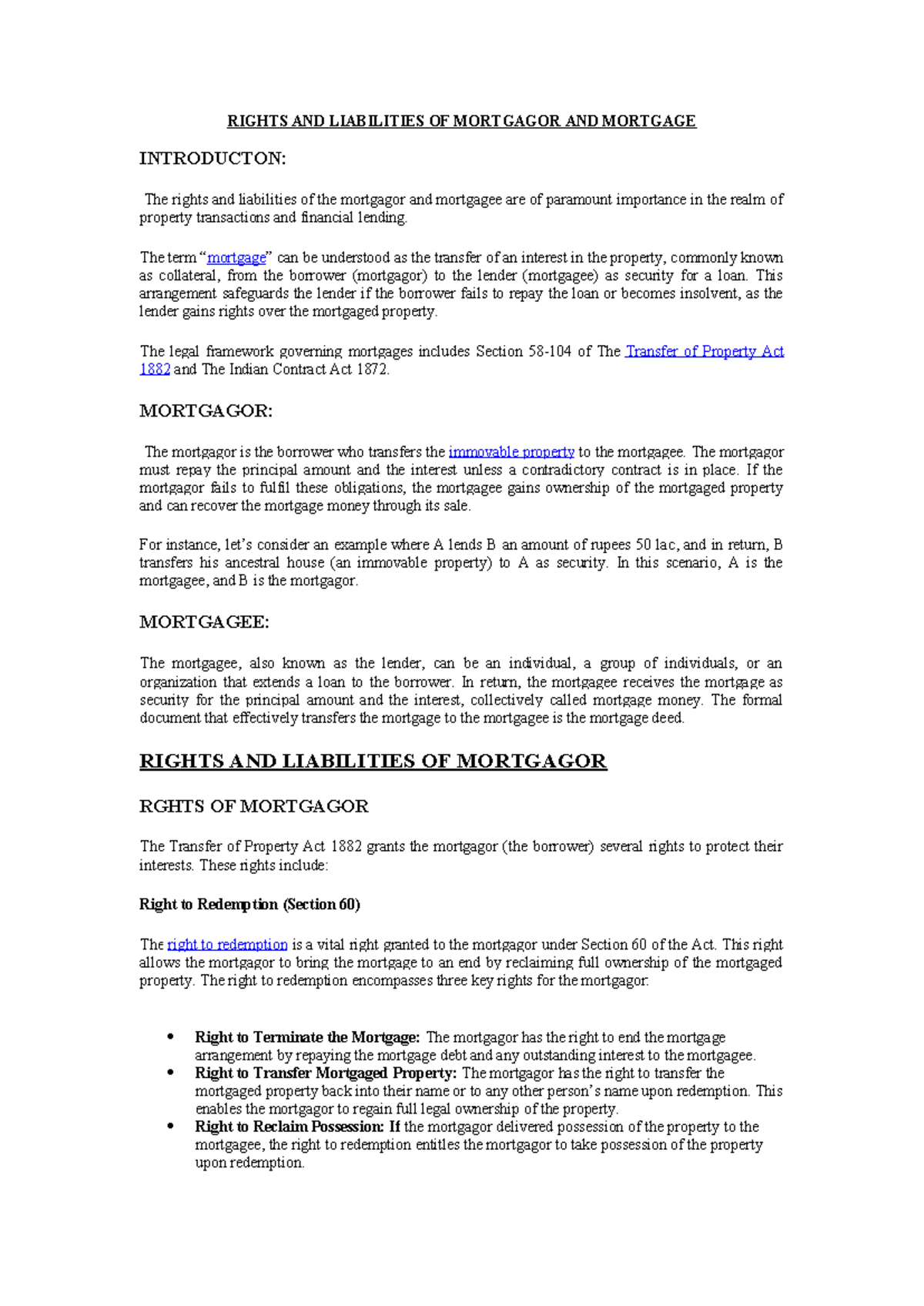 Rights AND Liabilities OF Mortgagor AND Mortgagee - RIGHTS AND ...