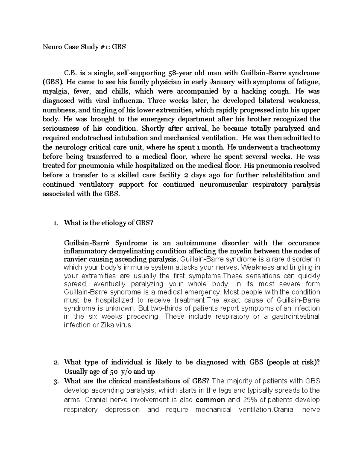 Neuro Case Study #1 GBS - dfg - Neuro Case Study #1: GBS C. is a single ...