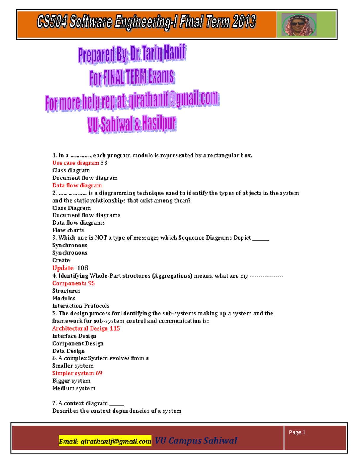 CS504 MCQs by Dr. Tariq Hanif - Page 1 In a ............., each program module is represented by ...