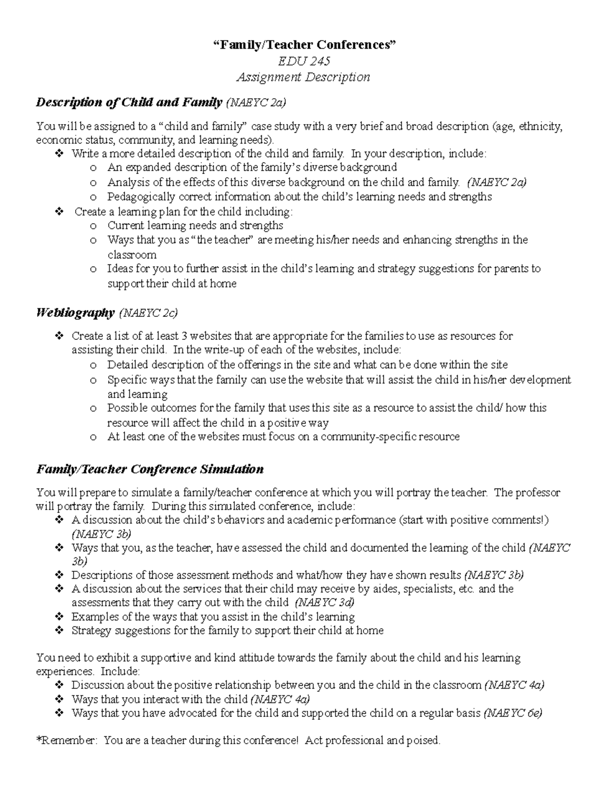 Family Teacher Conference - “Family/Teacher Conferences” EDU 245 ...