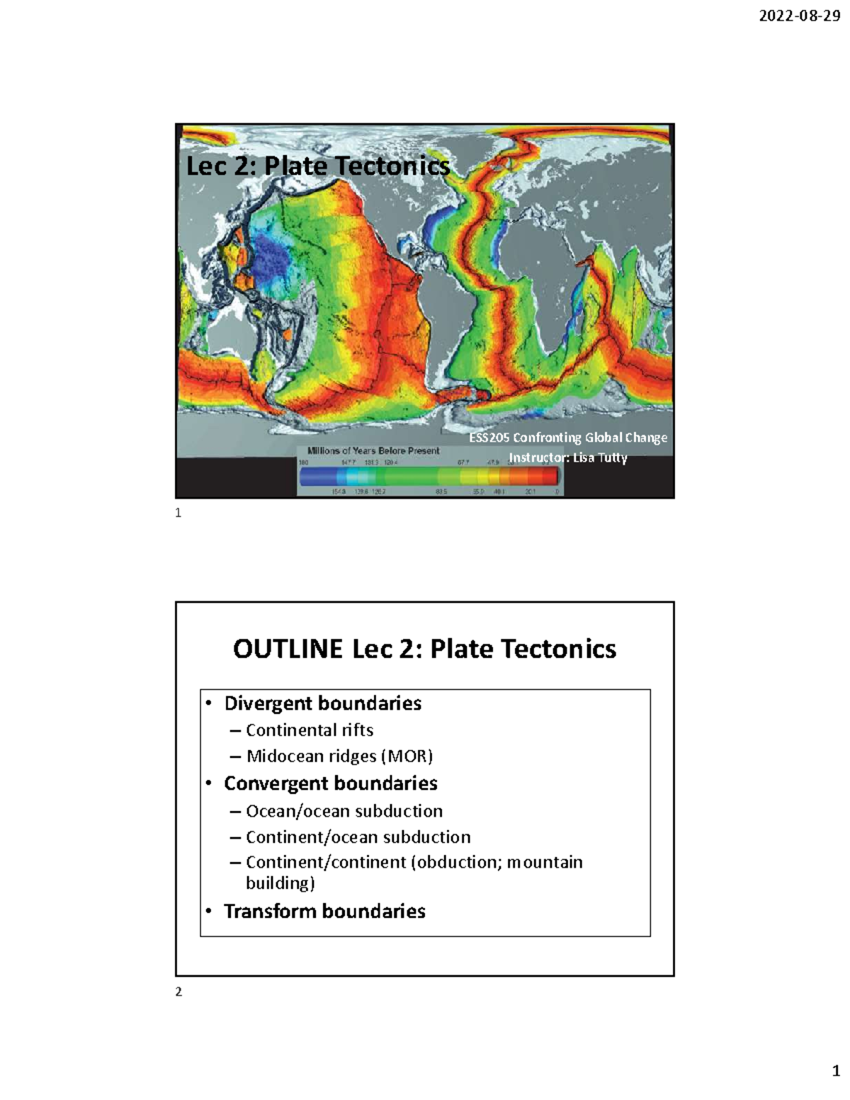 Lec2 2per - notes - Lec 2: Plate Tectonics ESS205 Confronting Global ...