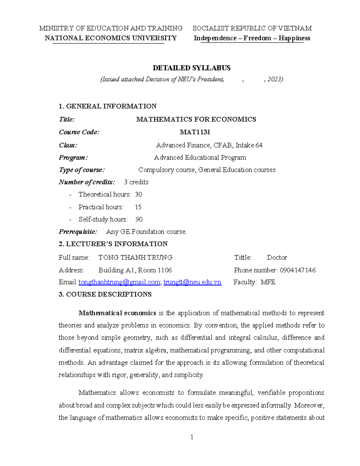 Mathematicsfor Economics Syllabus 2023 - MINISTRY OF EDUCATION AND ...
