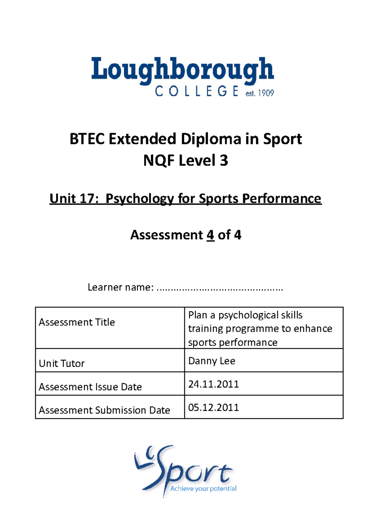 Psychology for Sports Performance Assignment 4 NEW - BTEC Extended ...