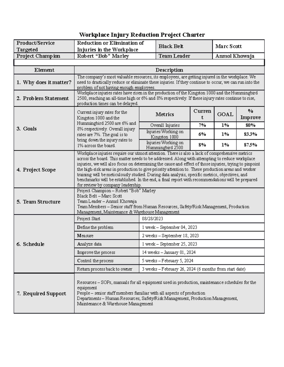 Charter Template - Workplace Injury Reduction Project Charter Product ...