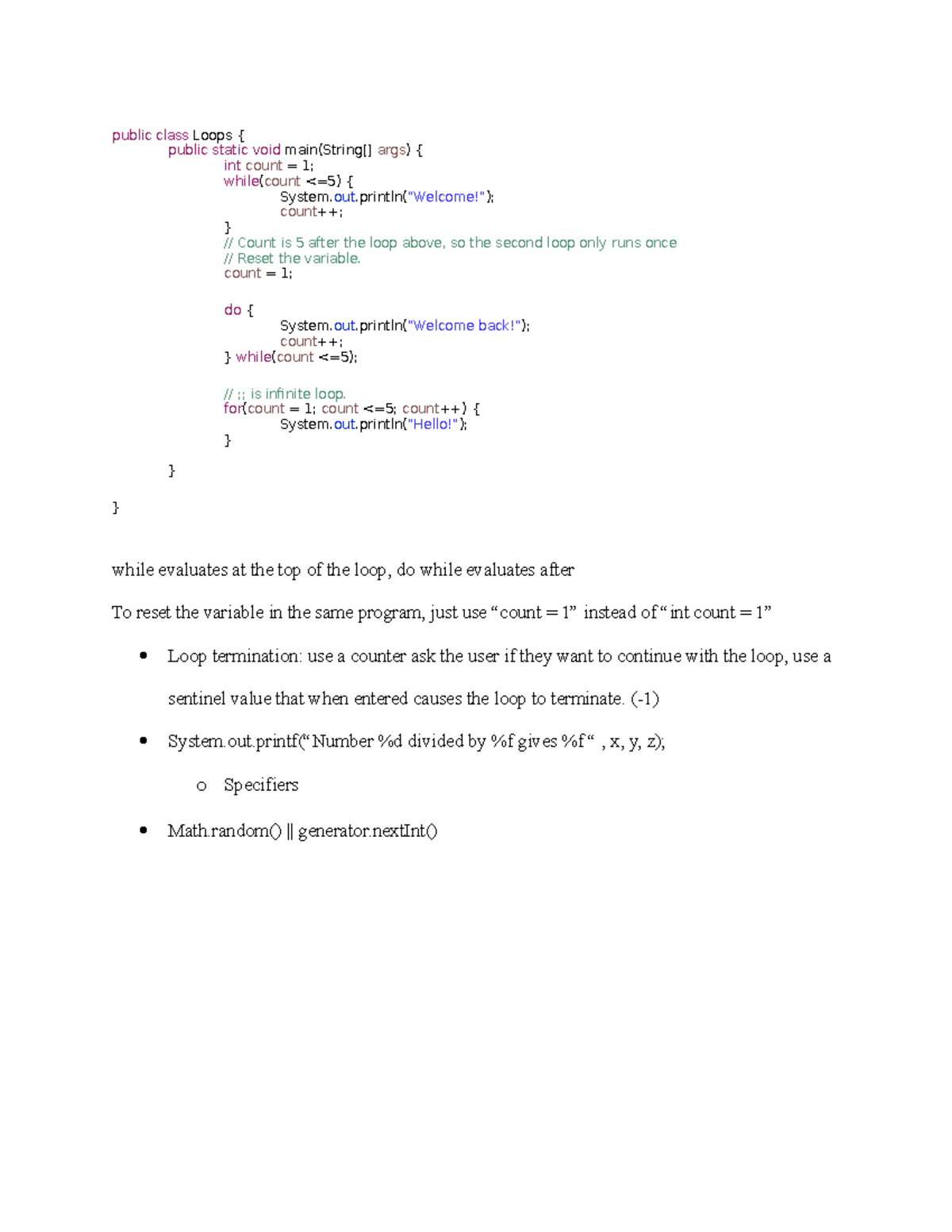 Loops:Specifers - Loops and specifiers - public class Loops public static void args) int count ...