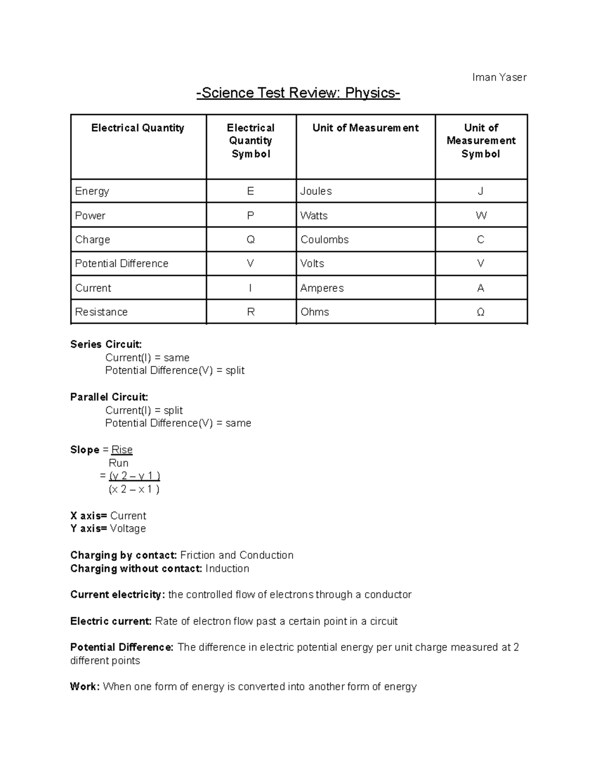 Science Review- Physics - Iman Yaser -Science Test Review: Physics ...