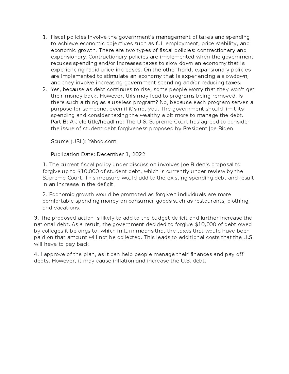 03.03 Fiscal Policy Assignment 1 - Fiscal policies involve the ...