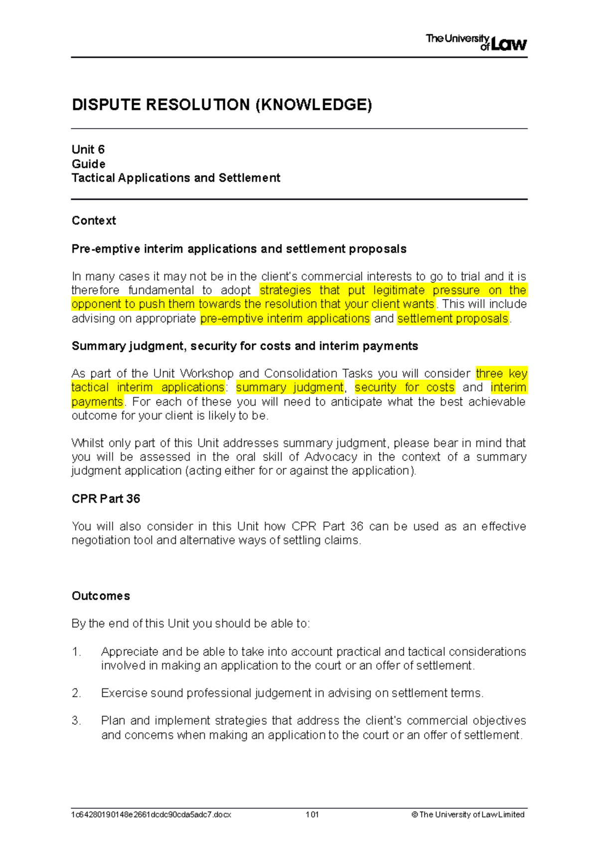 Dispute RES Workshop 6 - DISPUTE RESOLUTION (KNOWLEDGE) Unit 6 Guide ...