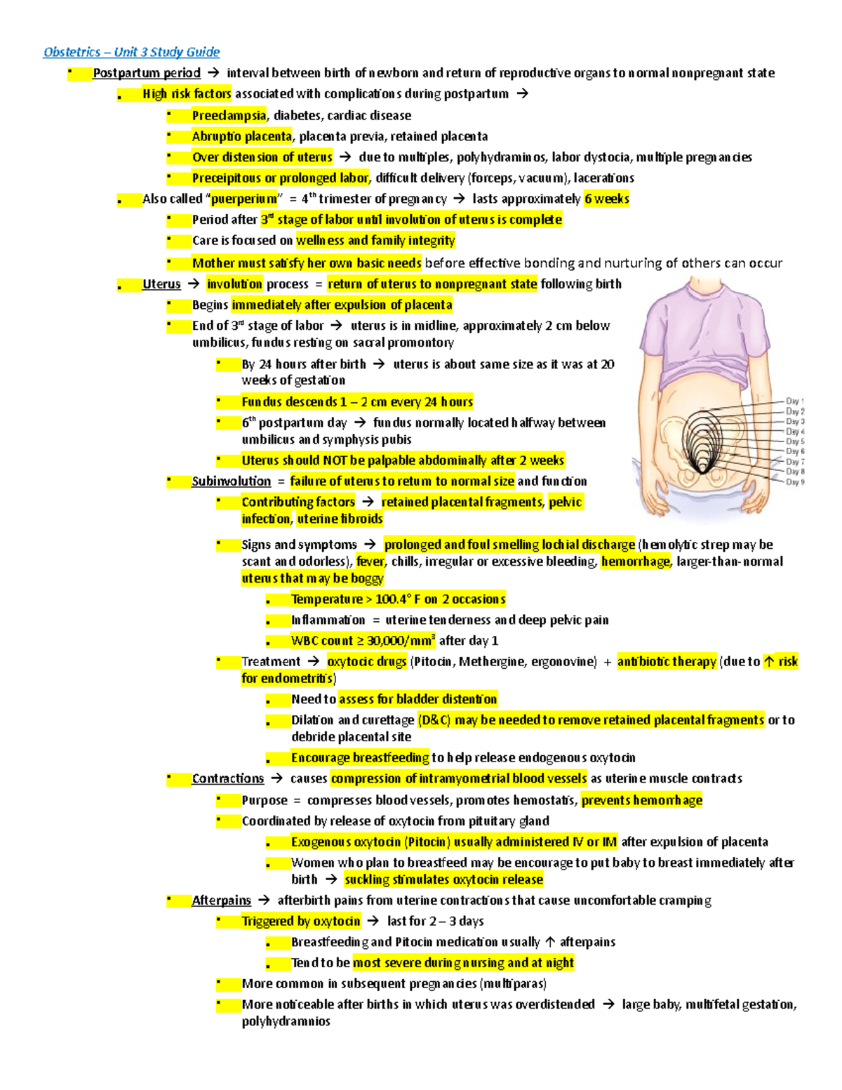 BEST OB Unit 3 Study Guide - Obstetrics – Unit 3 Study Guide Postpartum ...