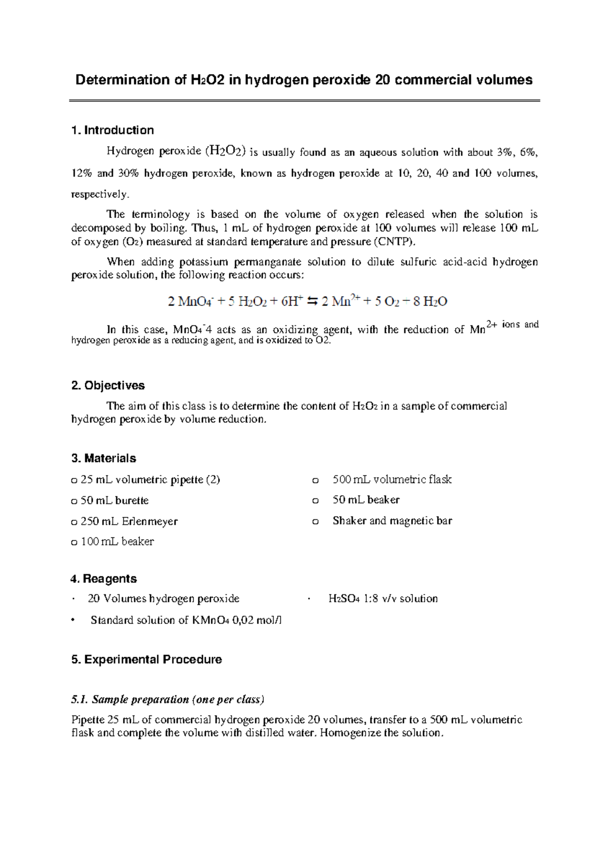 Determination of H2O2 in hydrogen peroxide - Determination of H 2 O2 in ...