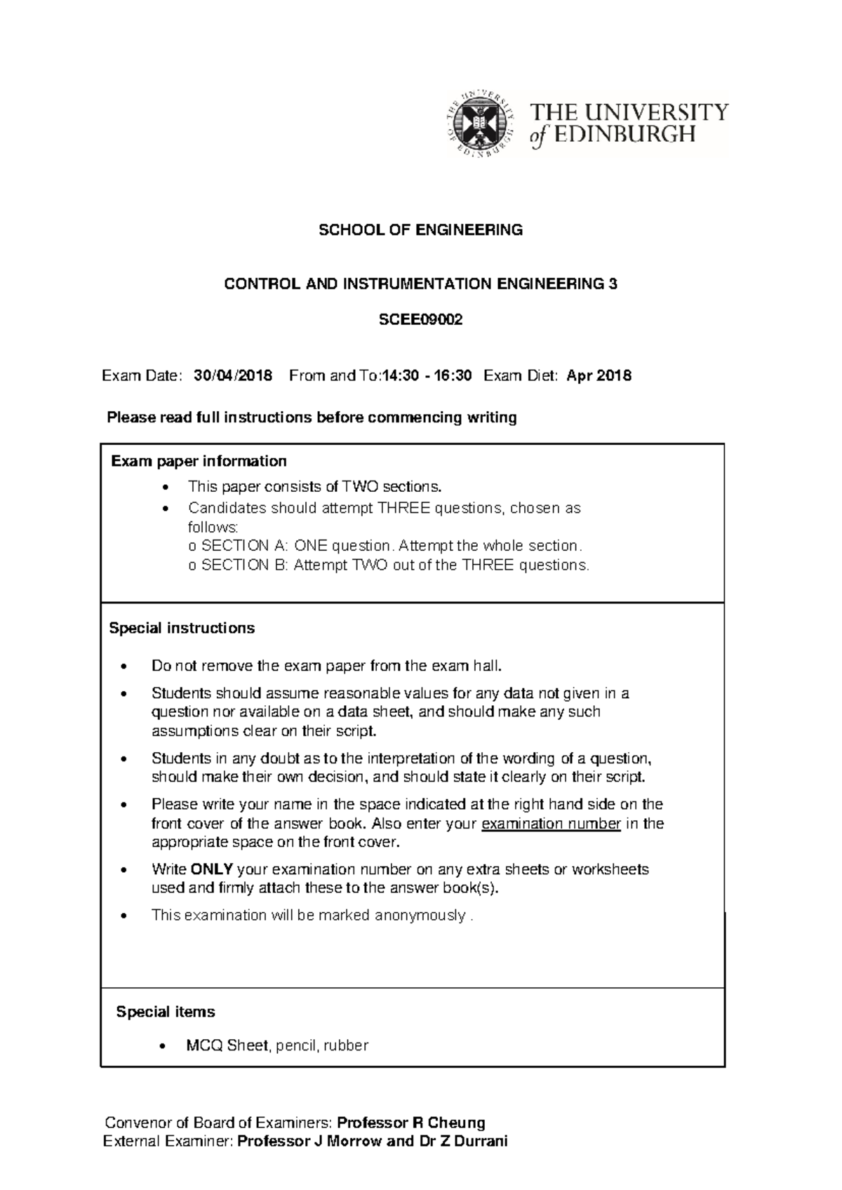 Exam 5 May 2018, questions - SCHOOL OF ENGINEERING CONTROL AND ...