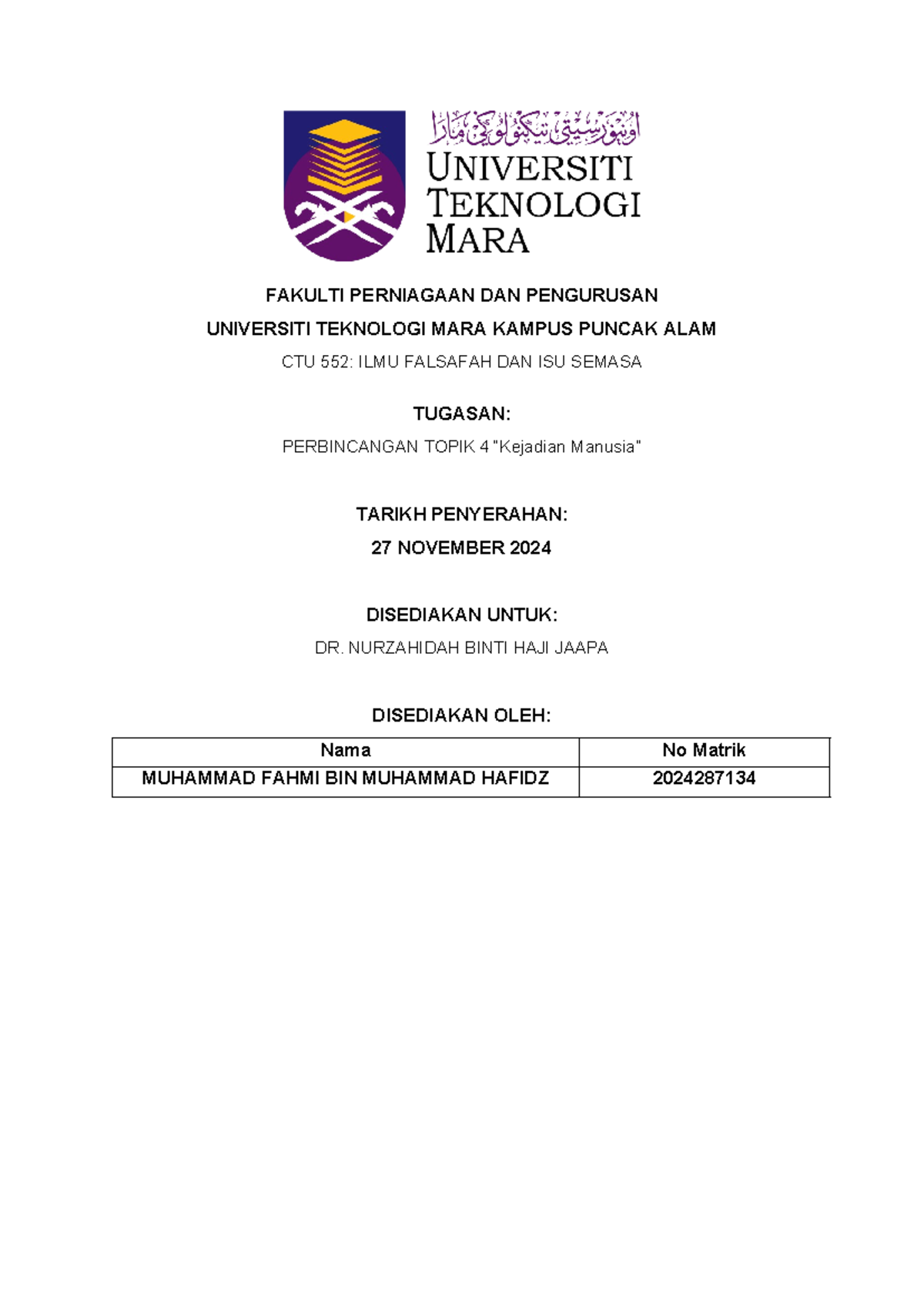 Tutorial CTU 552 - Topic 4 - FAKULTI PERNIAGAAN DAN PENGURUSAN ...