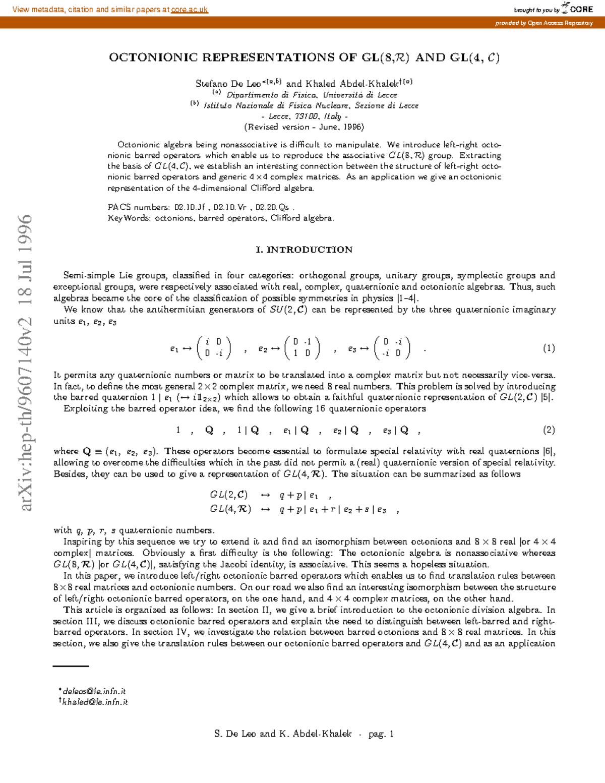 35093923 - Cours - arXiv:hep-th/9607140v2 18 Jul 1996 OCTONIONIC ...