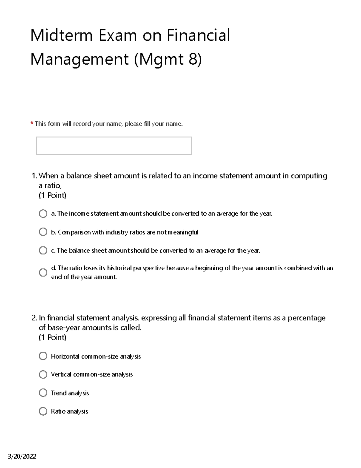 Midterm Exam on Financial Management (Mgmt 8) (Preview) Microsoft Forms ...