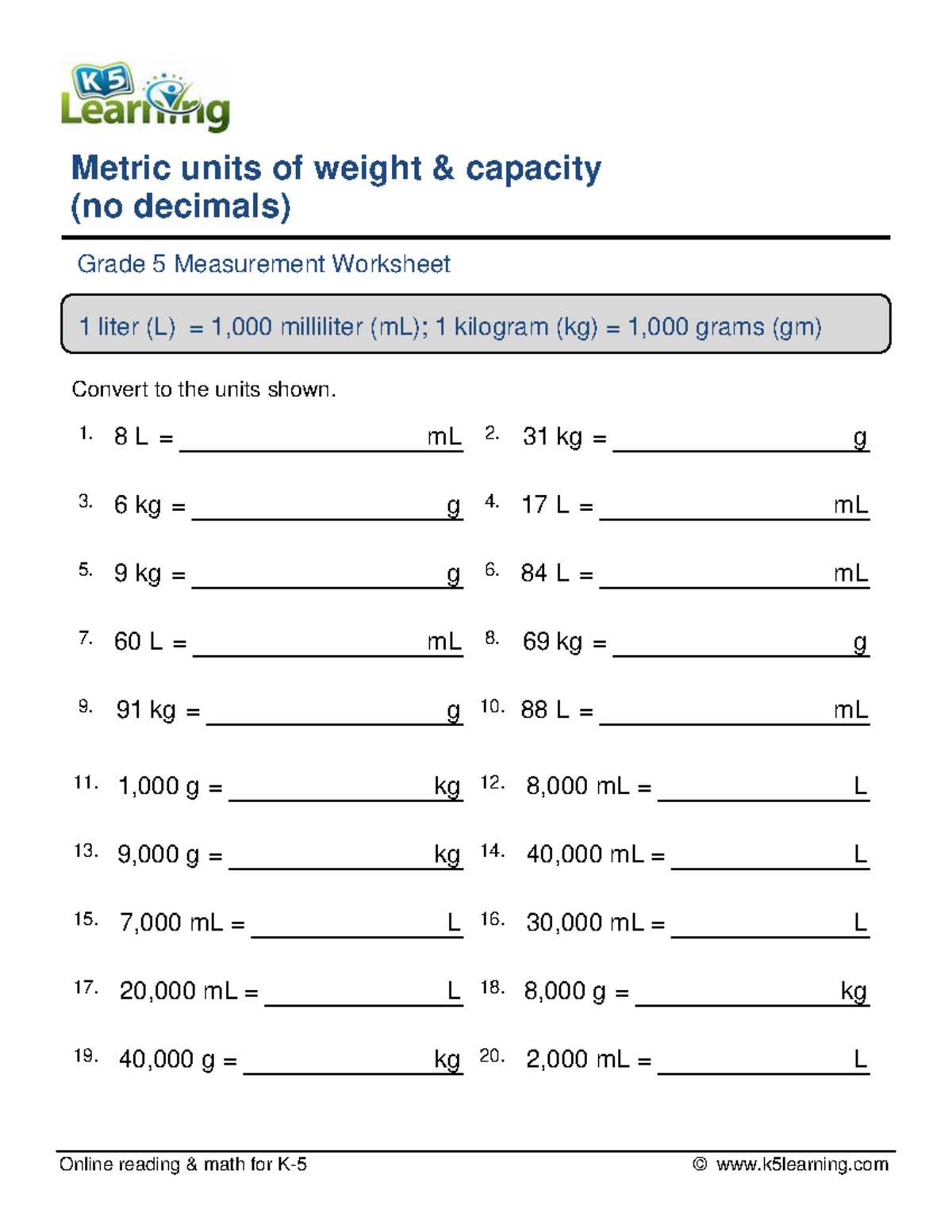 Grade-5-metric Weight - Online reading & math for K-5 © k5learning ...