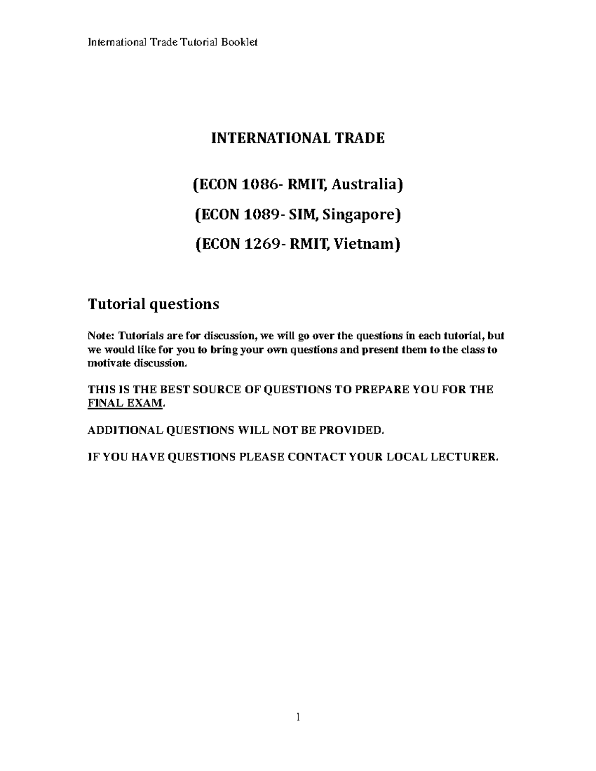 2020 International Trade Tutorial Booklet WITH Answers - INTERNATIONAL ...