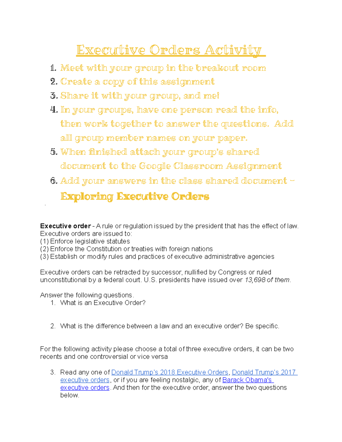 Executive Orders Activity - Meet with your group in the breakout room 2 ...