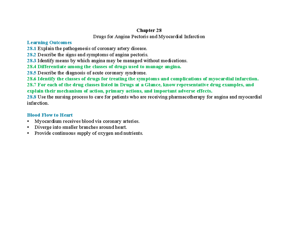 NUR354 CH 28 exam 2 - notes - Chapter 28 Drugs for Angina Pectoris and ...