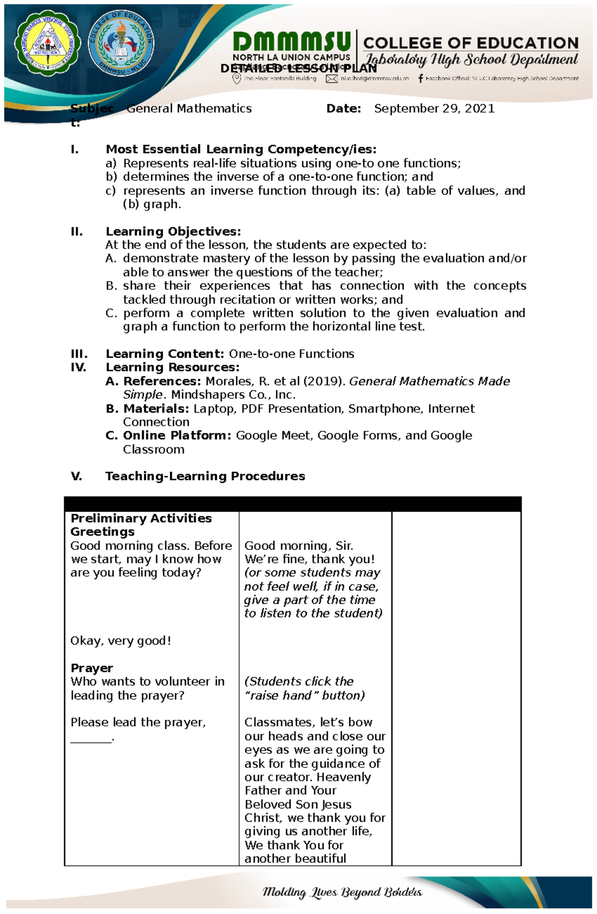 LP2 One-to-one Function Jay Rome - DETAILED LESSON PLAN Subjec t ...
