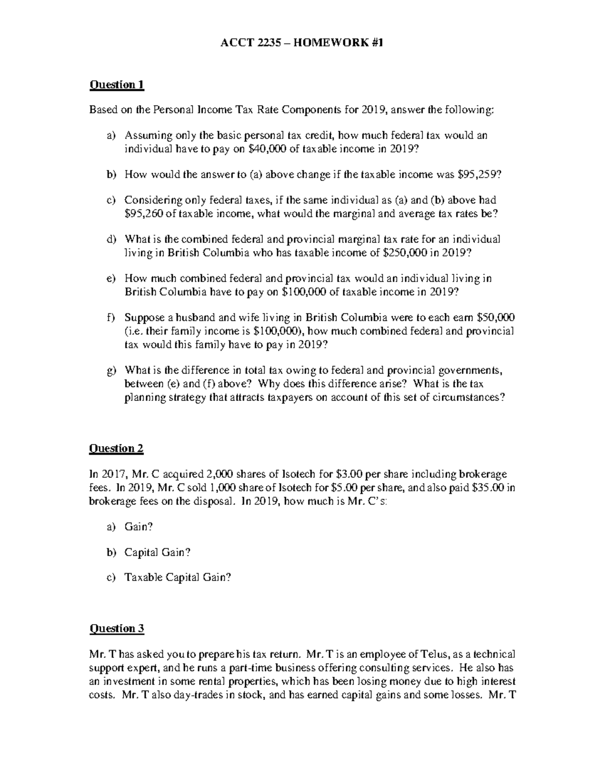 Homework 1 tax - ACCT 2235 – HOMEWORK Question 1 Based on the Personal ...