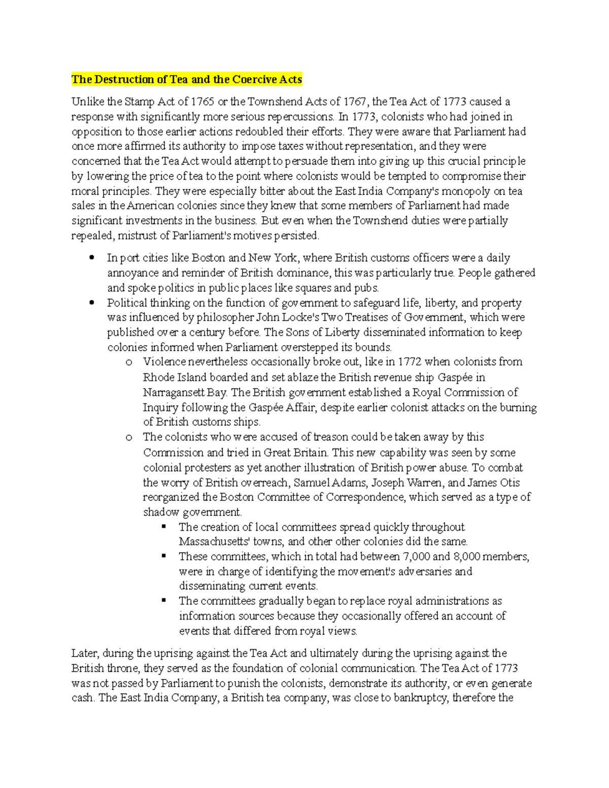 The Destruction of Tea and the Coercive Acts - In 1773, colonists who ...