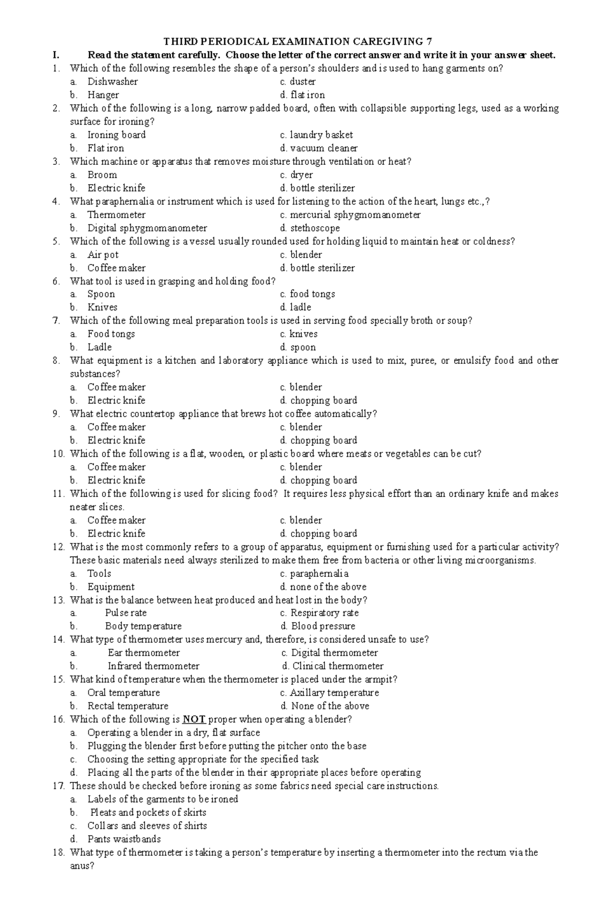 3RD- Periodical-EXAM.- Caregiving-7 - THIRD PERIODICAL EXAMINATION ...