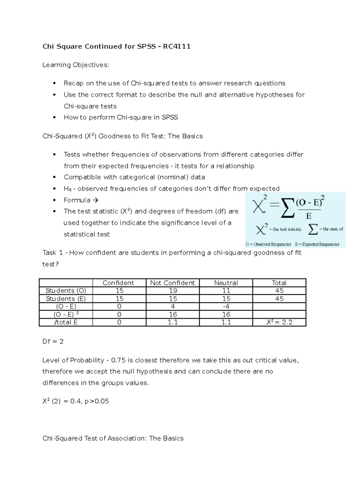 Lesson 10 - Chi Square Continued for SPSS - Chi Square Continued for ...