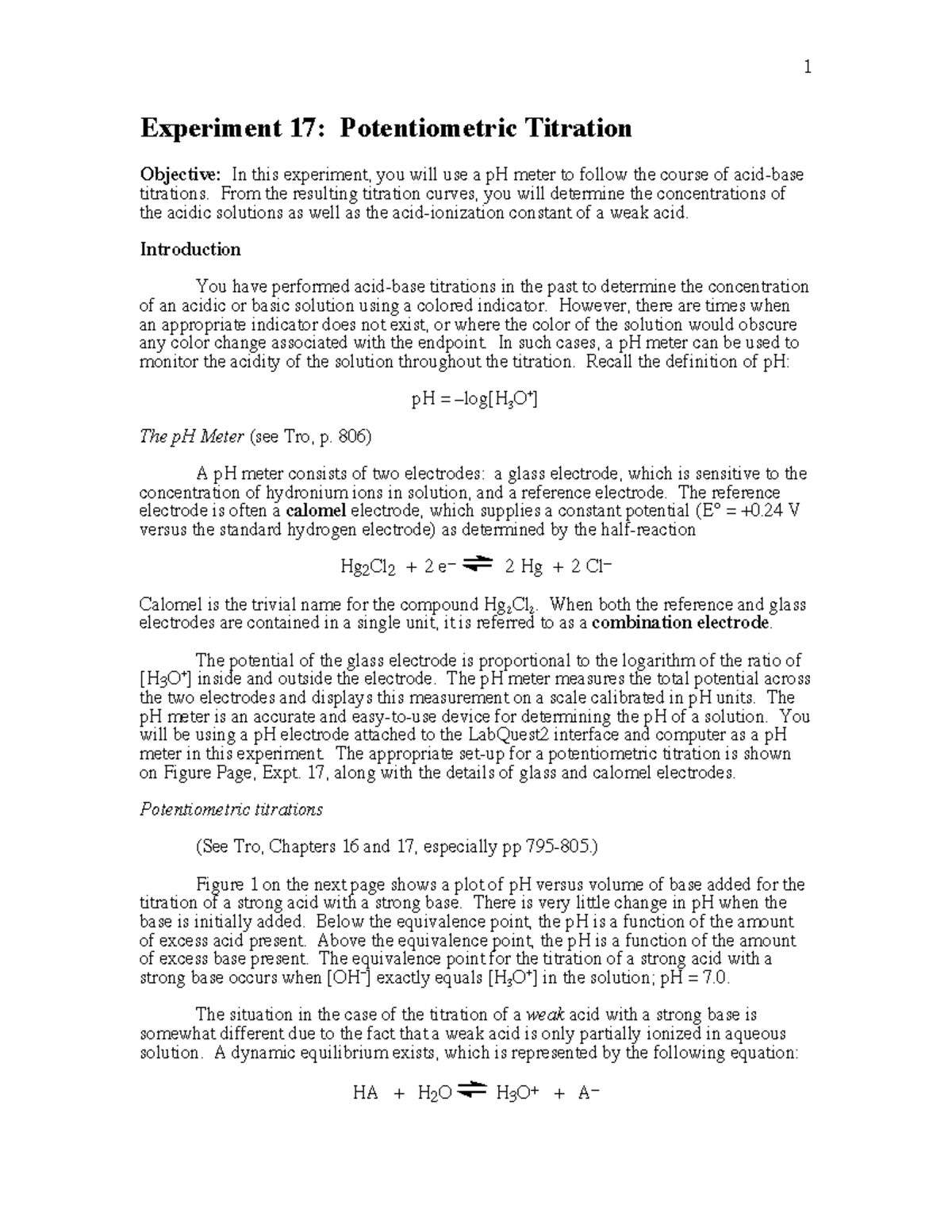 P Htitration - lab report - Experiment 17: Potentiometric Titration ...
