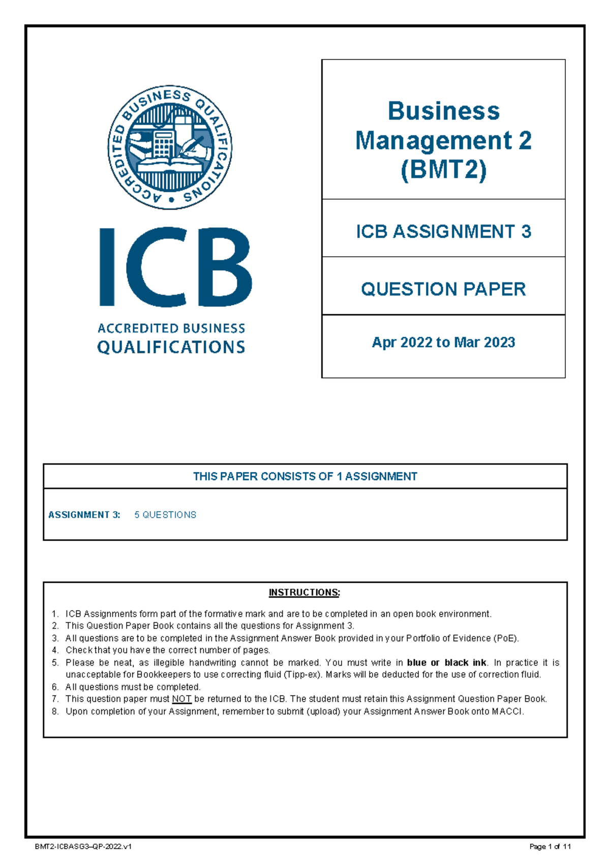 BMT2-ICB Assignment 3-QP-2022 - Business Management 2 (BMT2) ICB ...