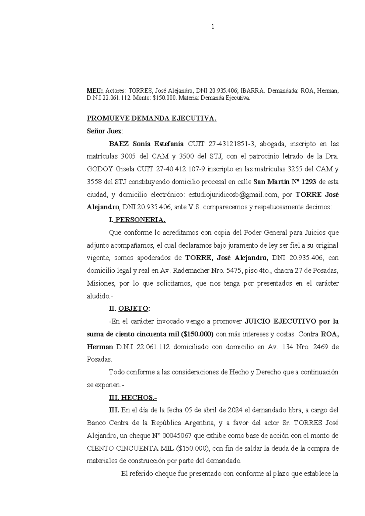 Demanda Cheque - MEU: Actores: TORRES, José Alejandro, DNI 20.935 ...