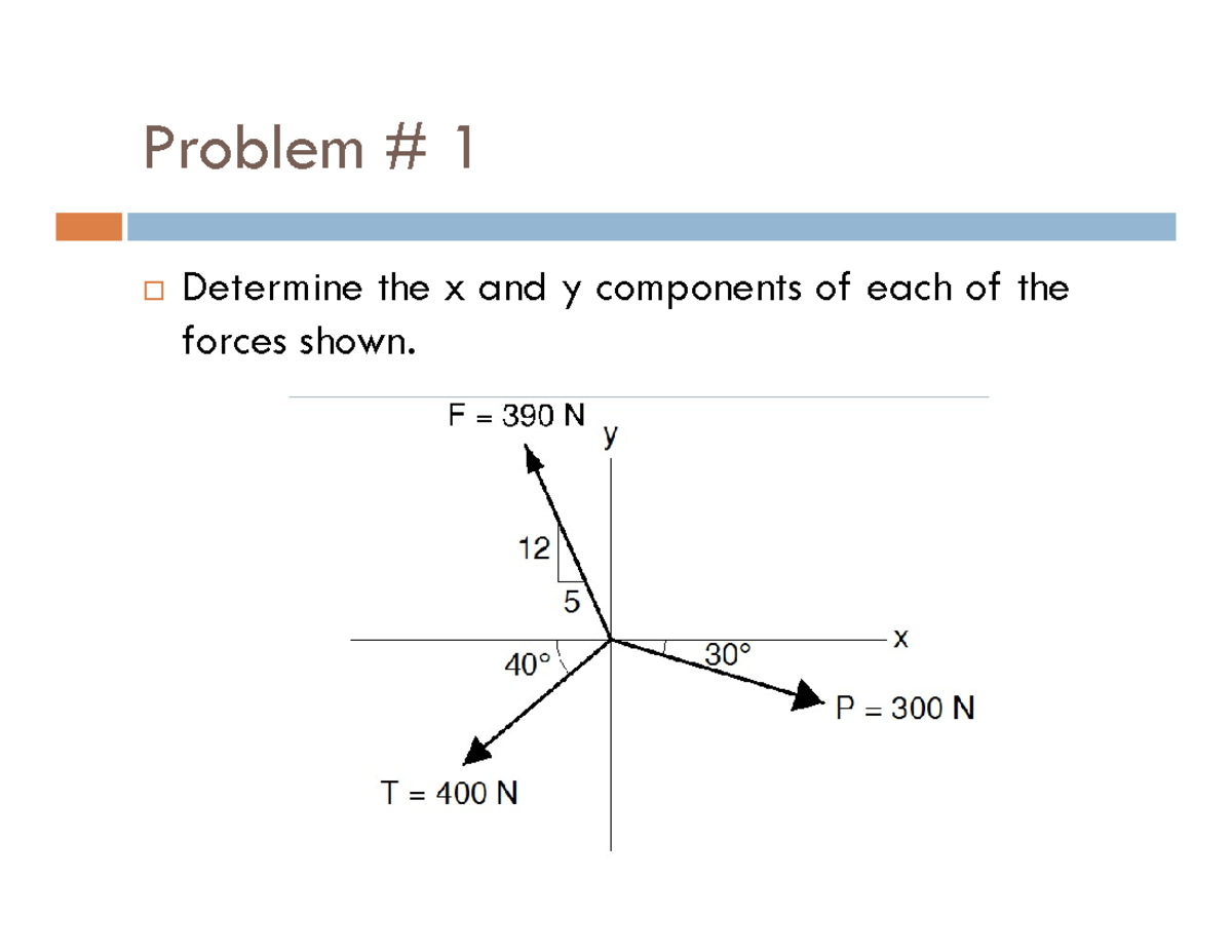 Components and resultant of forces Part 1 - Problem # 1 Determine the x and y components of each ...