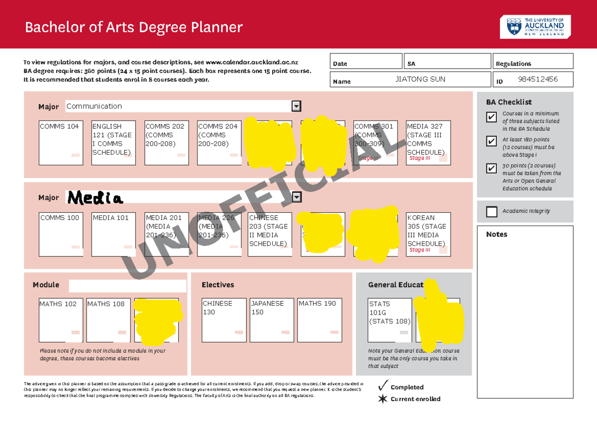 Ba course planner - Eco/media - AucklandUni - Studocu