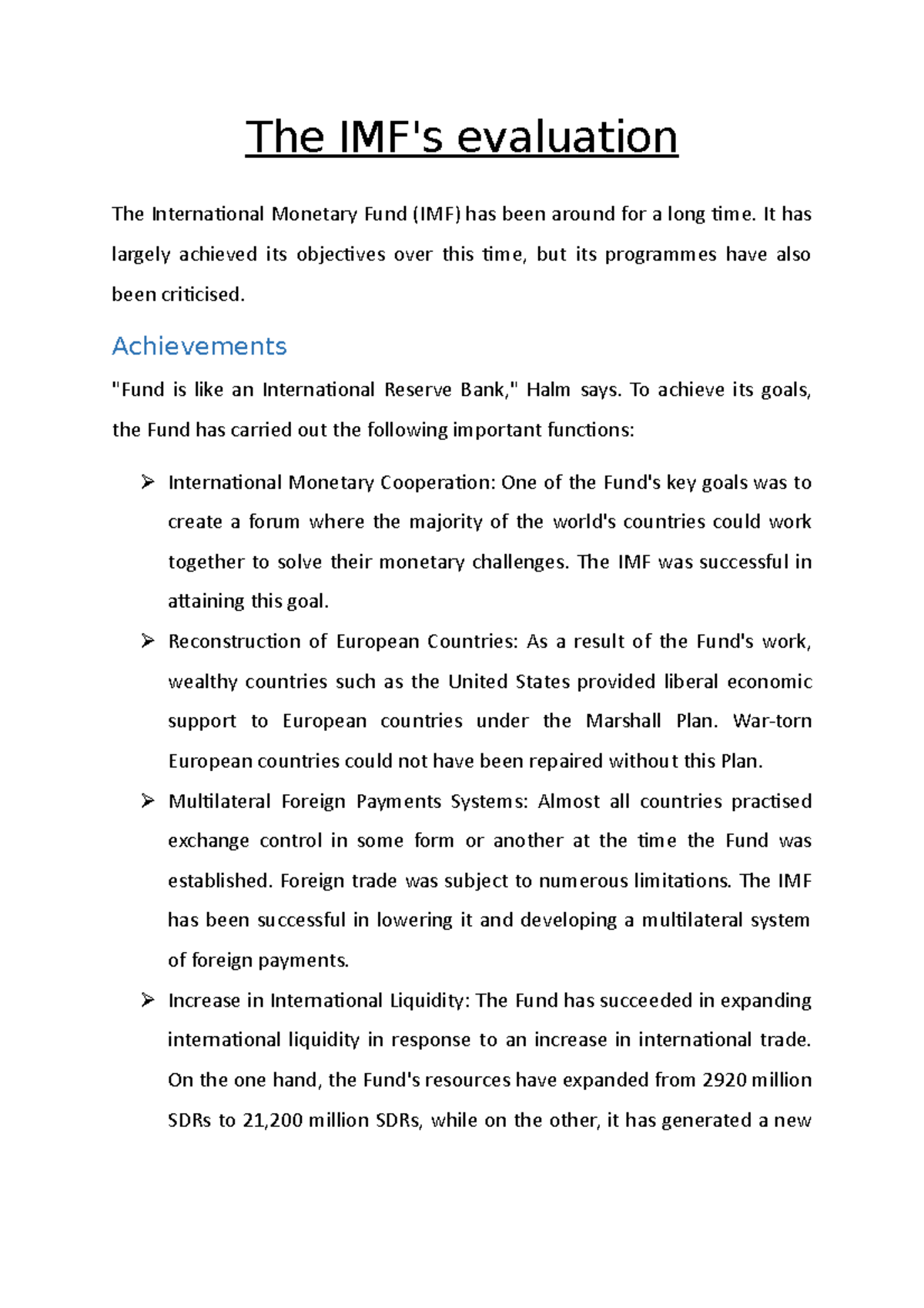 Note on The Evaluation of the IMF - The IMF's evaluation The ...